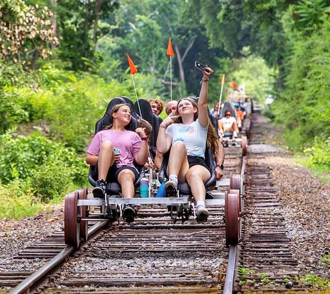 Rail bikes offer a unique way to explore the tracks, combining exercise with adventure on this pedal-powered railway experience.