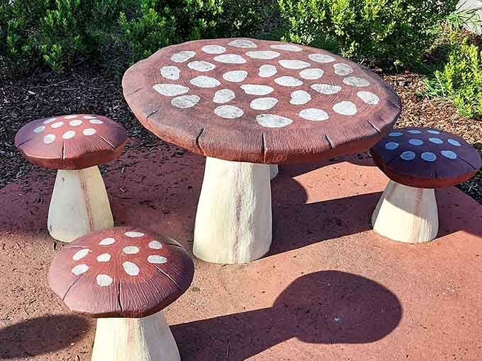 Mushroom seating that looks straight out of Alice in Wonderland makes snack time feel downright magical.