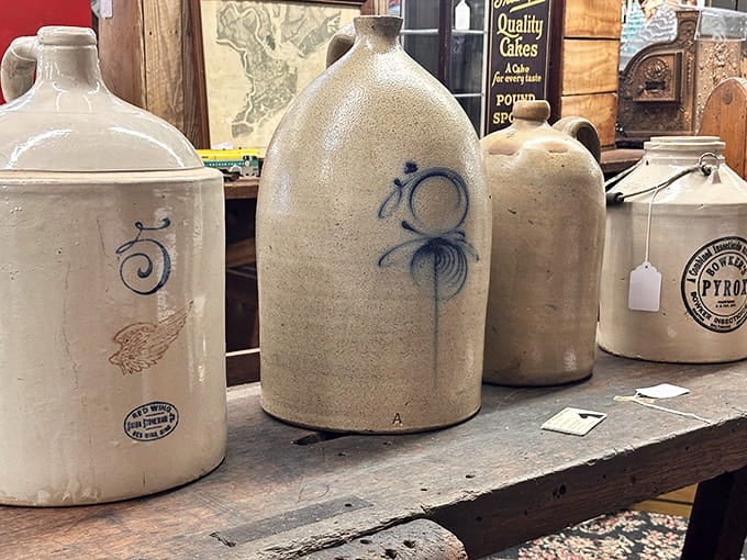 These stoneware jugs held everything from whiskey to molasses, surviving decades without a single crack complaint.