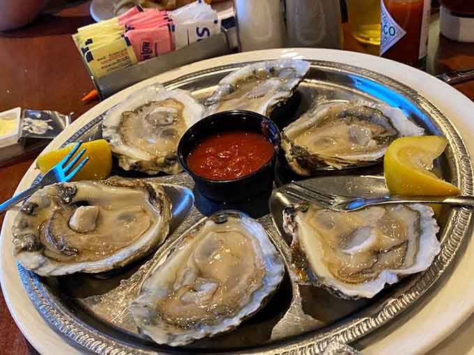 Six oysters on the half shell glistening like edible treasures from the bay, cocktail sauce standing by for duty.