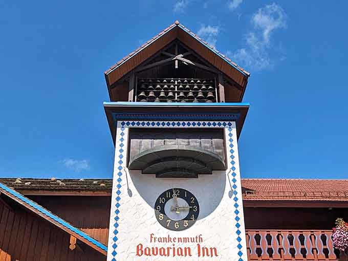 The Bavarian Inn's glockenspiel tower keeps time in the most charming way possible, with bells and stories.