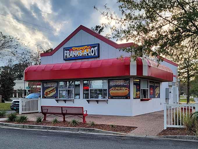 Franks-A-Lot's cheerful red-and-white building promises simple hot dog happiness&mdash;proof that sometimes the most satisfying meals come in the most unassuming packages.