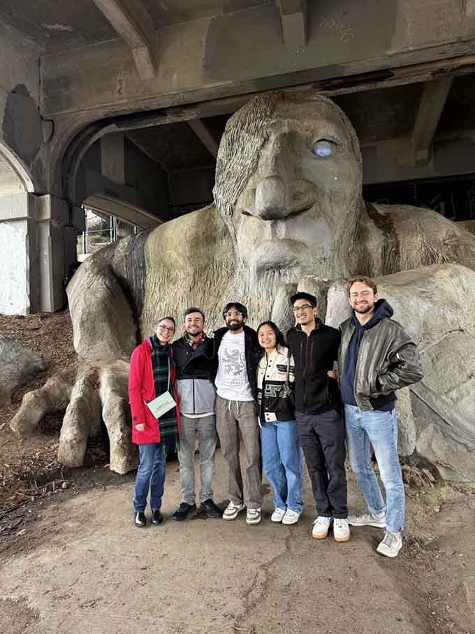 Nothing says "successful Seattle vacation" quite like a group photo with a bridge-dwelling mythological creature.