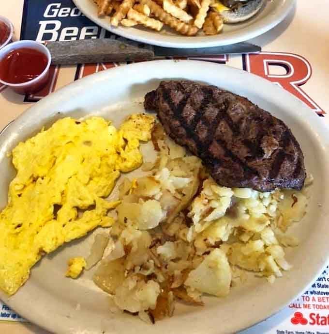 Steak and eggs with golden hash browns deliver the protein-packed breakfast that fuels champions.