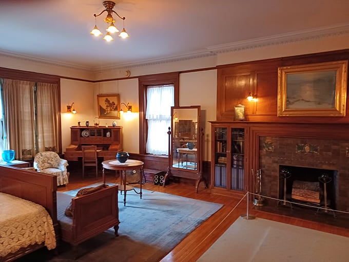 The master bedroom's canopy bed whispers of a bygone era when sleeping quarters doubled as personal palaces.