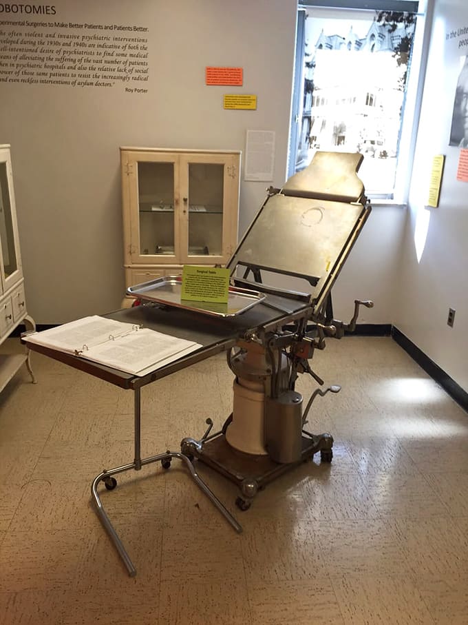 The lobotomy exhibit features the actual equipment used for procedures that would make any modern neurologist shudder with disbelief.