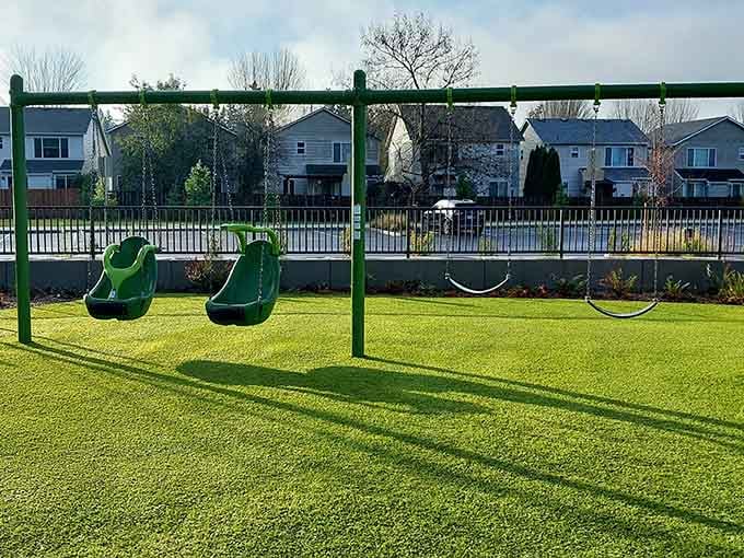 Swings positioned on pristine turf mean soft landings when kids inevitably bail out mid-flight for maximum thrills.