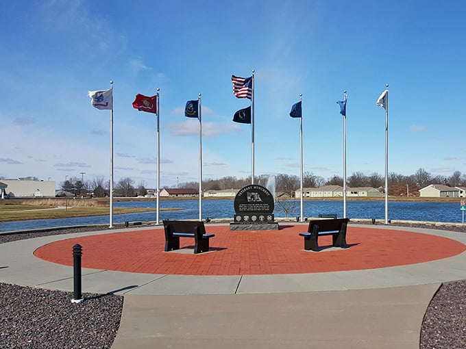 Civic pride flies high at this memorial, reminding us that small towns remember their heroes with big hearts.