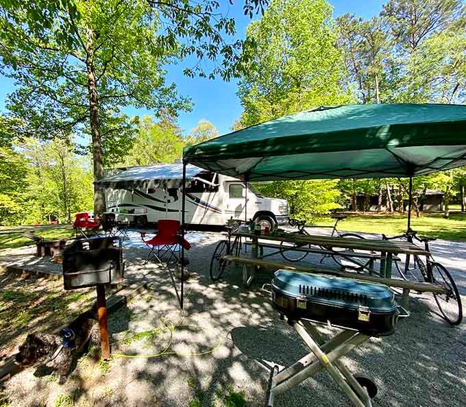 RV camping with shade and space, proving you can have modern comforts while pretending you're Daniel Boone.