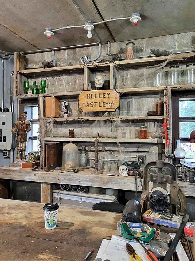 The castle's workshop area, where medieval meets modern in a collection of curiosities that would make any alchemist jealous.