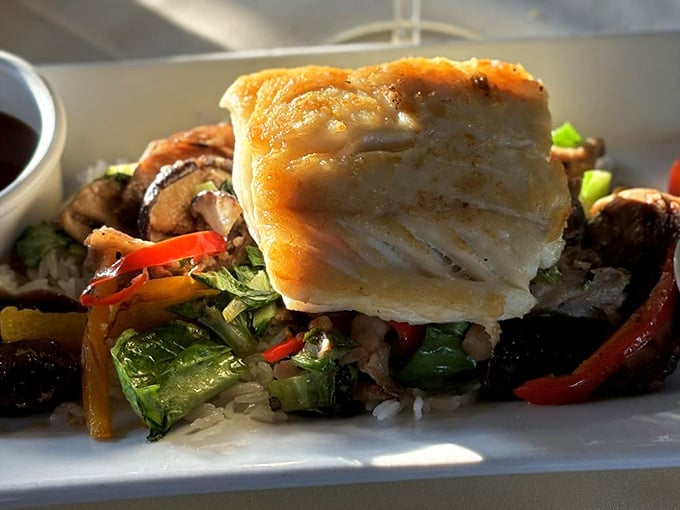 Halibut so perfectly seared it could make a vegetarian reconsider their life choices, at least for a moment.