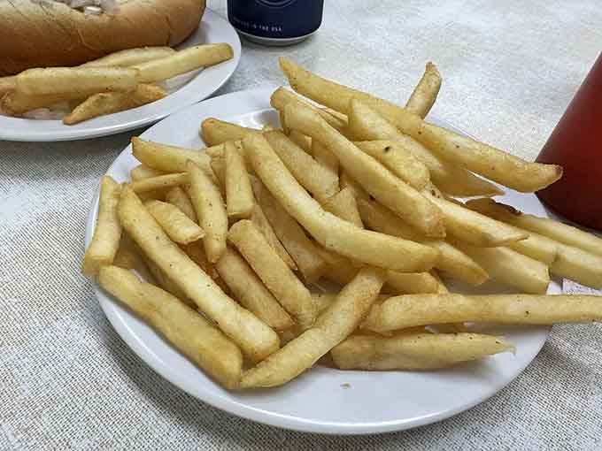 Crispy french fries seasoned just right, the perfect supporting actor to your coney dog's starring role on this plate.