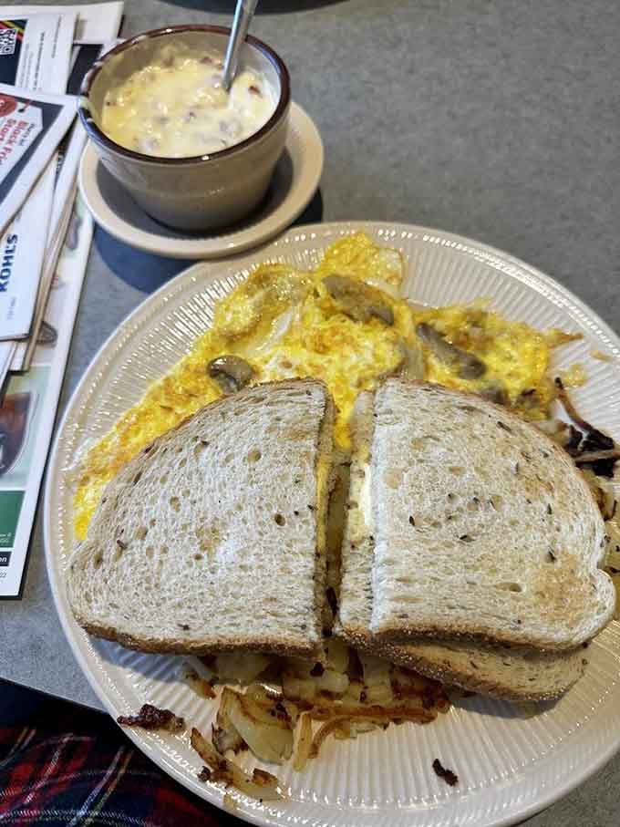 That's a proper omelet, folks, fluffy and generous, not the sad rubber disc some places try passing off.
