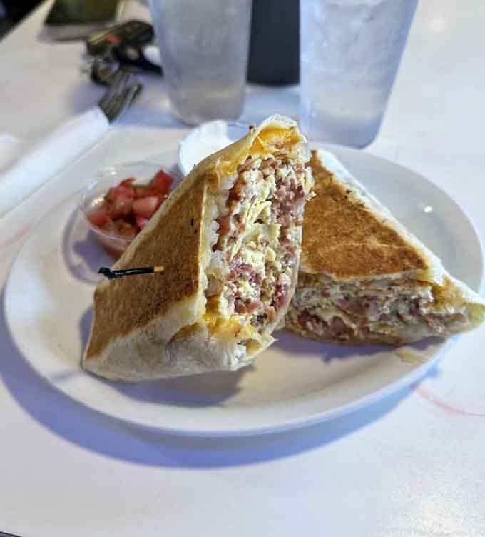 That breakfast burrito is stuffed fuller than a sock hop dance floor on a Saturday night in 1957.