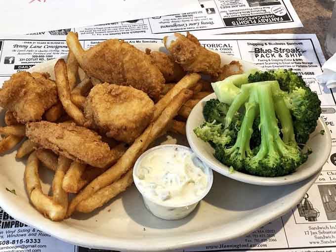 Golden fried fish with crispy fries and bright broccoli proves that balance is possible, even when you're eating fried food for lunch.