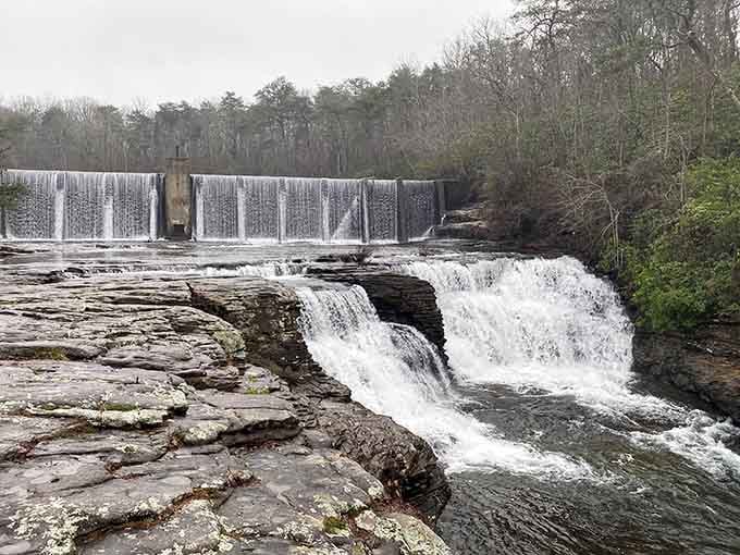 The dam creates a waterfall that looks like nature's own staircase, perfectly engineered without any blueprints.