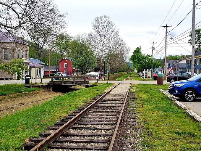 These railroad tracks run straight through town, reminding everyone that Metamora takes its transportation history seriously and photogenically.