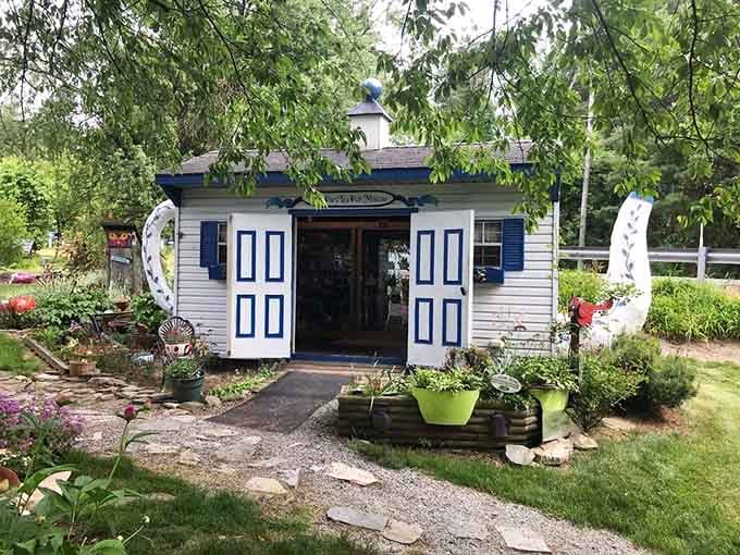 Even the garden features a charming teapot-shaped building, proving that whimsy extends to every corner of the property.