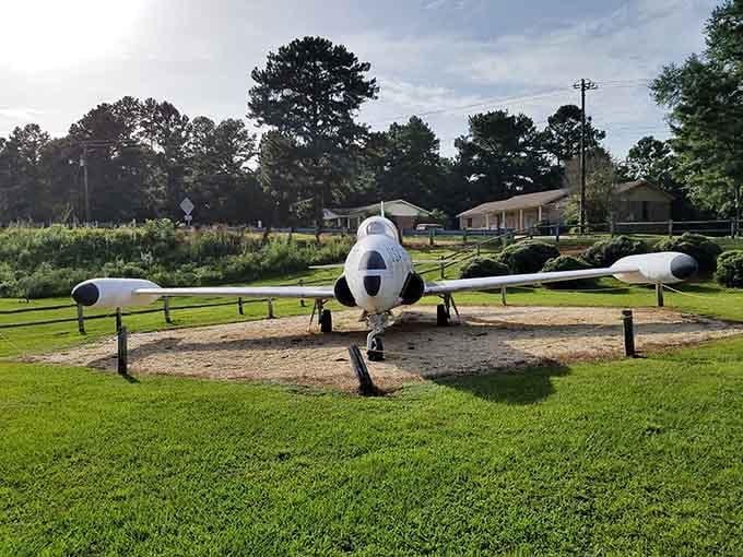 This vintage military jet stands guard as a proud reminder of service, sacrifice, and when planes looked really cool.