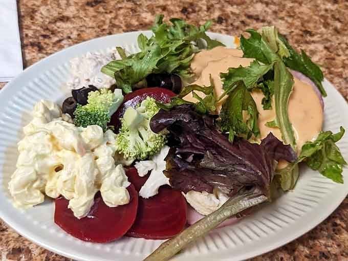 Even the salad bar looks inviting here, though we all know you're really here for everything else.