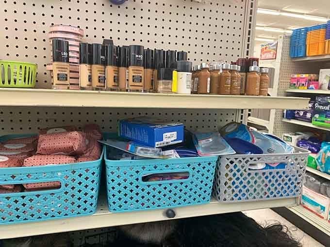 Beauty products and turquoise bins bring unexpected pops of color to this treasure hunter's supply depot.