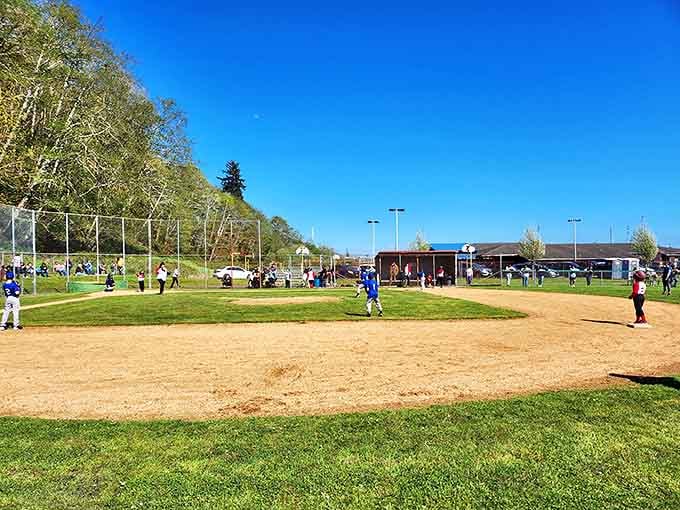 Weekend warriors and future MLB stars share the field at Olympic Stadium, where community baseball remains a cherished tradition.