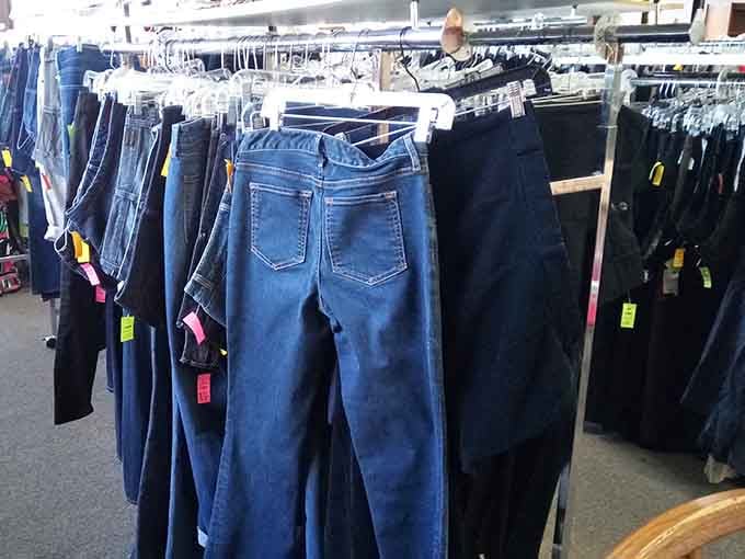 The denim rainbow&mdash;where your next favorite jeans are hiding. Color-coded organization that makes finding your size surprisingly painless.