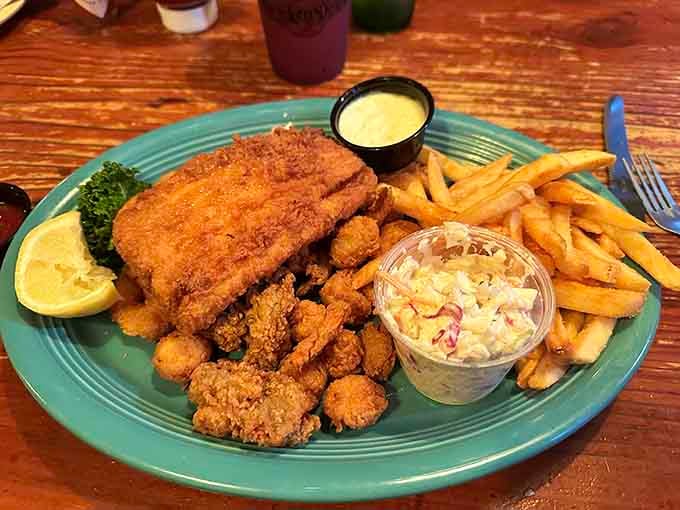 A fried seafood platter that proves golden and crispy never goes out of style, especially with that generous portion size.