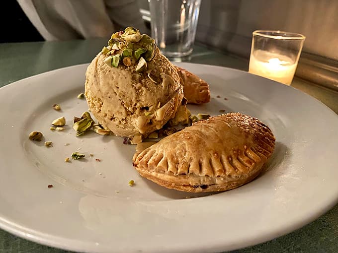 Pistachio gelato with a hand pie means dessert here gets the same thoughtful treatment as everything else on the menu.