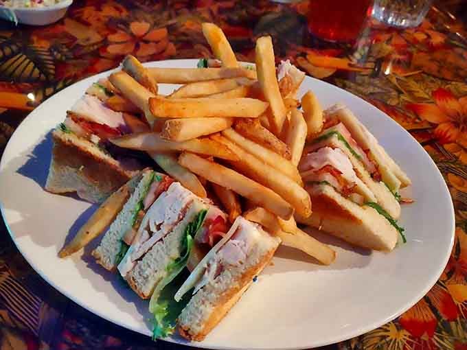 The turkey club sandwich arrives with enough fries to share, though you probably won't want to do that.