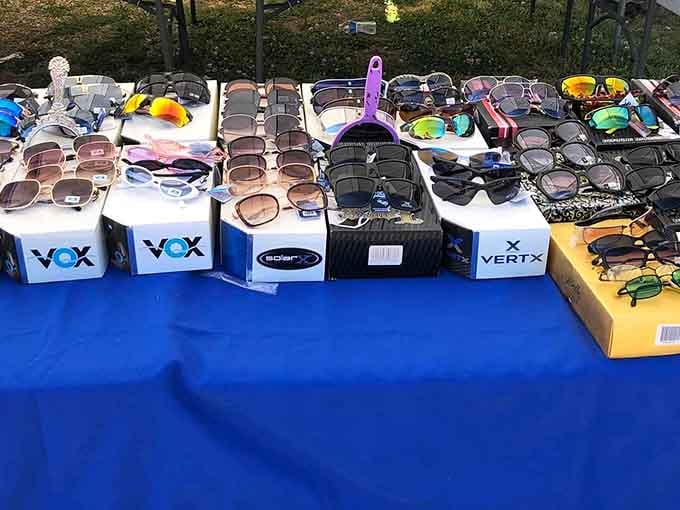 Sunglasses displayed on blue fabric offer UV protection without requiring you to take out a small loan or sacrifice your grocery budget.