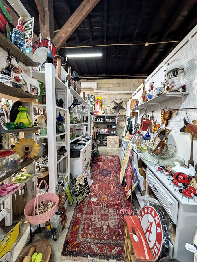 That vintage runner leads you down memory lane, flanked by treasures that remember when quality mattered.