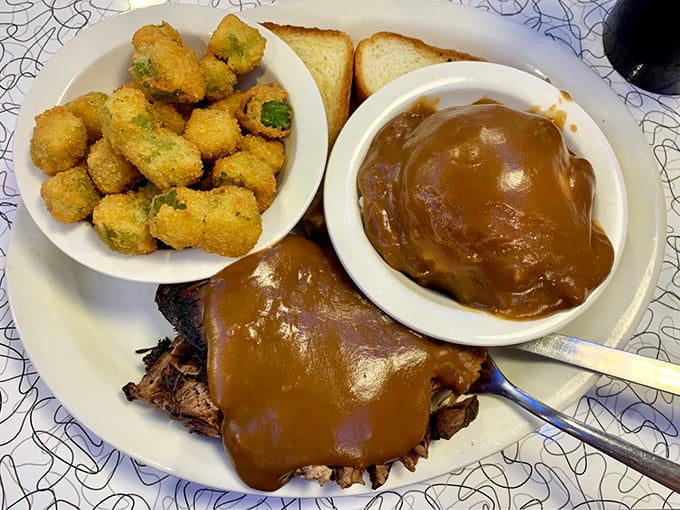 Comfort on a plate&mdash;fork-tender roast beef swimming in gravy that's crossed the line from sauce to religion, with fried okra standing by for textural support.