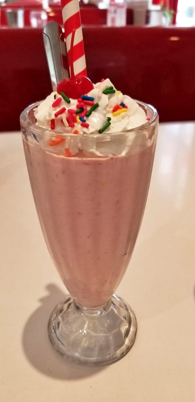 Strawberry shake with rainbow sprinkles, making your inner child very, very happy right about now, friend.