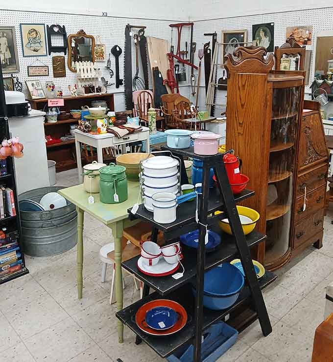 Vintage enamelware in cheerful colors reminds us that kitchens were once as bright as our smartphone screens today.