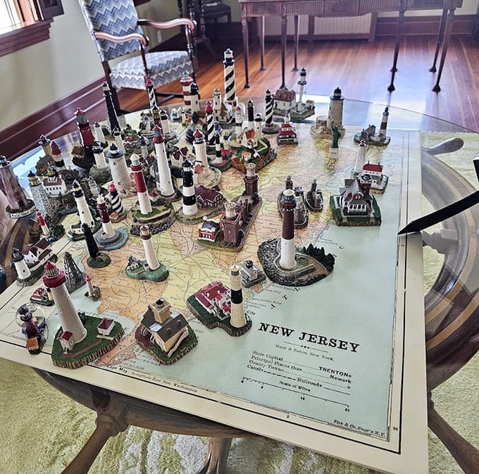New Jersey's lighthouse collection in miniature form, proving the Garden State takes its maritime history seriously.