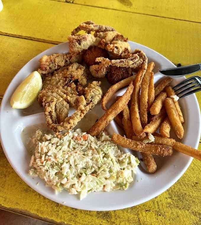 Soft shell crab with fries and slaw, the holy trinity of seafood shack perfection on one plate.