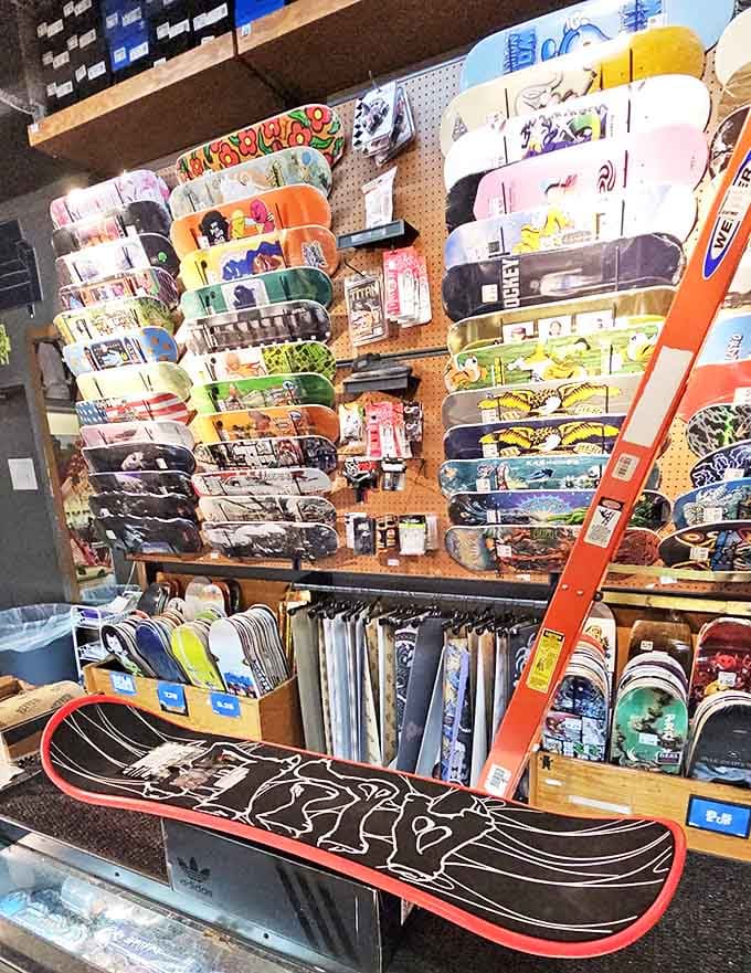 Skateboard heaven for aspiring Tony Hawks. The wall of decks offers more artistic variety than some modern art museums.