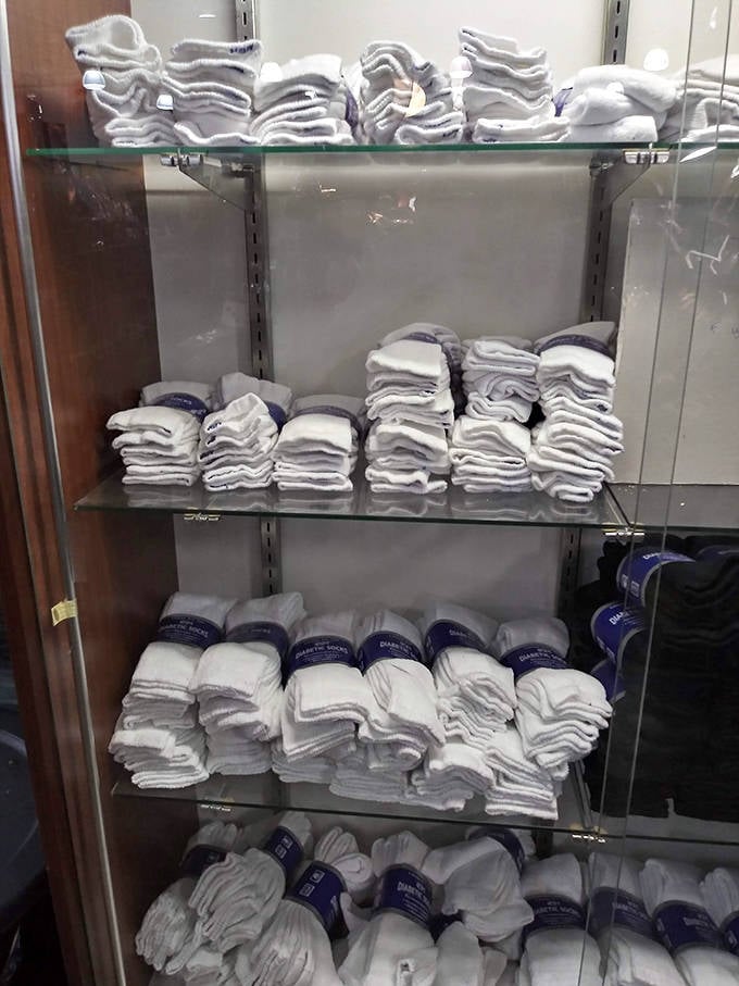 The sock section proves that even the most practical purchase can be an adventure. White socks have never looked so organized or oddly compelling.