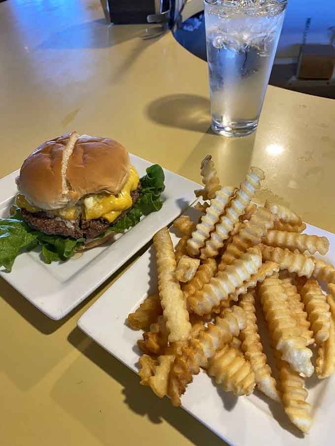 Crinkle-cut fries and a butter burger create the kind of plate that makes your taste buds stand up and cheer.