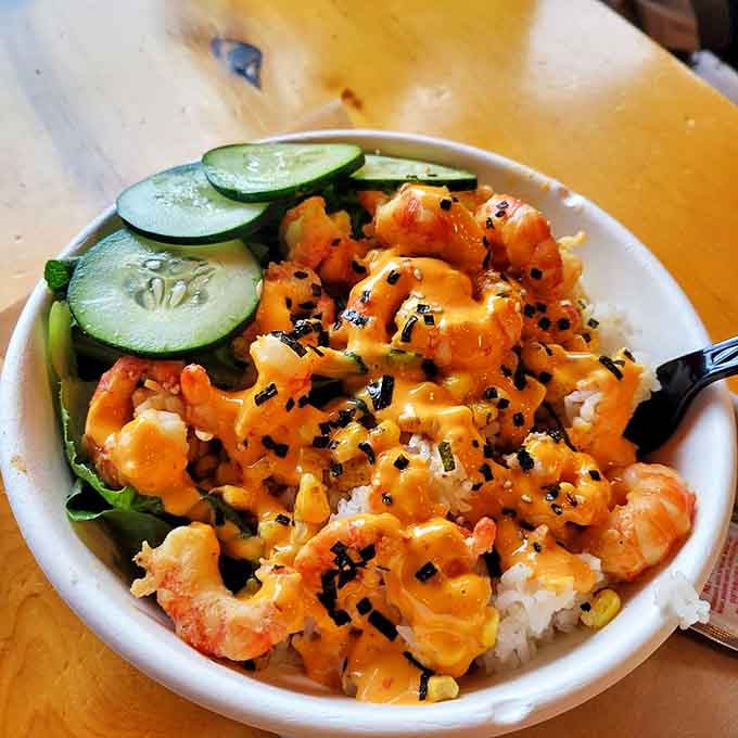 This rice bowl topped with spotted shrimp and sauce is what happens when Alaska's bounty meets culinary creativity&mdash;a beautiful marriage of tradition and innovation.