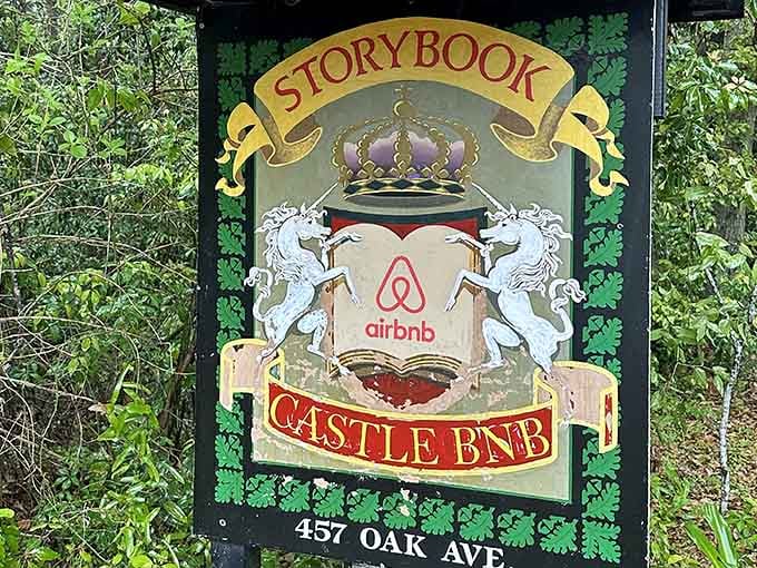 The unicorns flanking this Airbnb sign suggest your stay includes more magic than continental breakfast ever could.