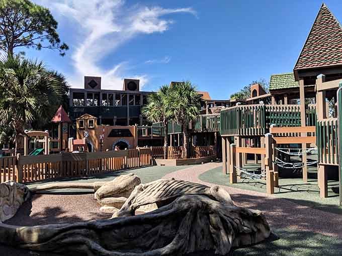 Bring the kids to this friendly, sprawling playground featuring a giant dragon sculpture and endless wooden structures for imaginative play.