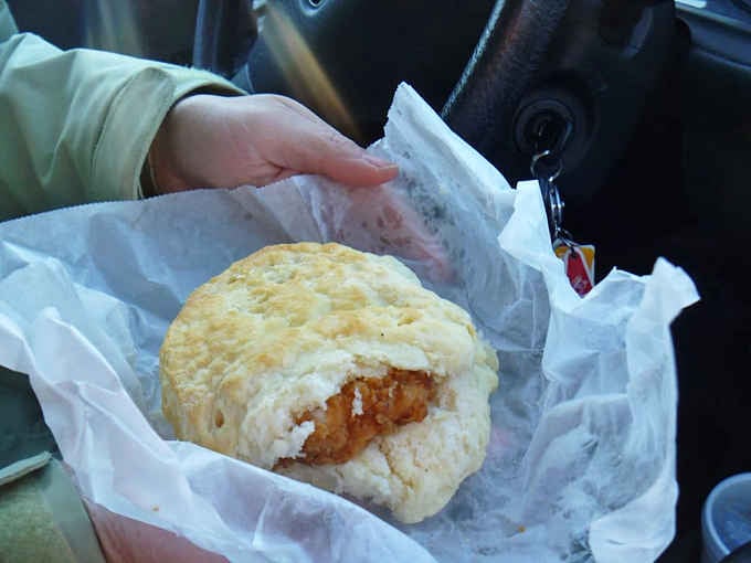 Golden fried chicken nestled in a fluffy biscuit proves that some combinations are simply meant to be.