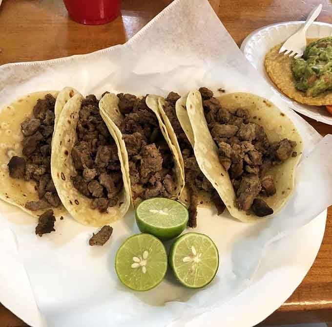 Those doubled-up corn tortillas cradling seasoned meat are the foundation of taco perfection. Simple genius at work.