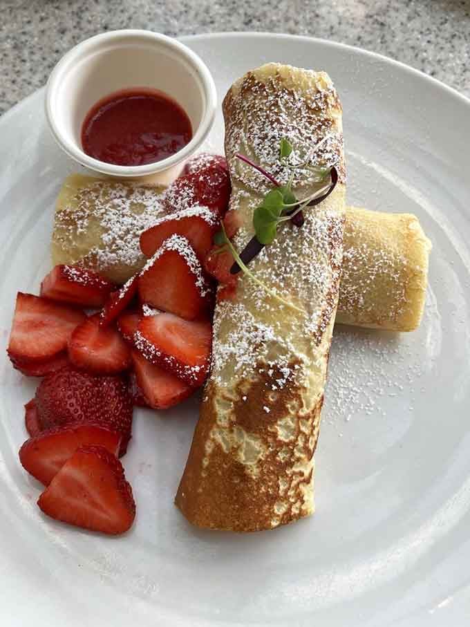 Strawberry blintzes so pretty you'll hesitate before diving in, but only for a second, maybe two tops.