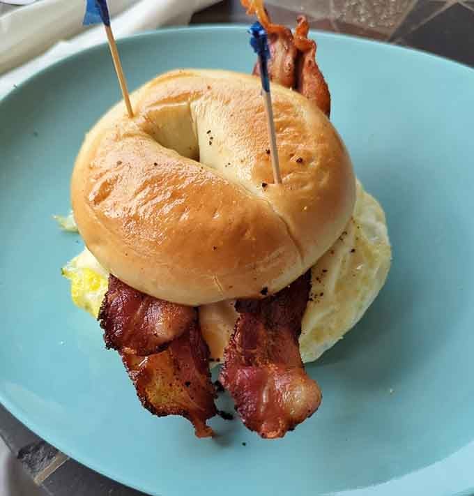 When your bagel sandwich comes with bacon flags, you know someone understands the importance of presentation.