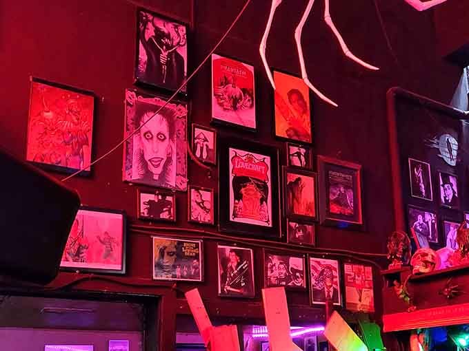 Horror movie posters and macabre art cover the walls, creating a gallery that celebrates everything delightfully dark and spooky.