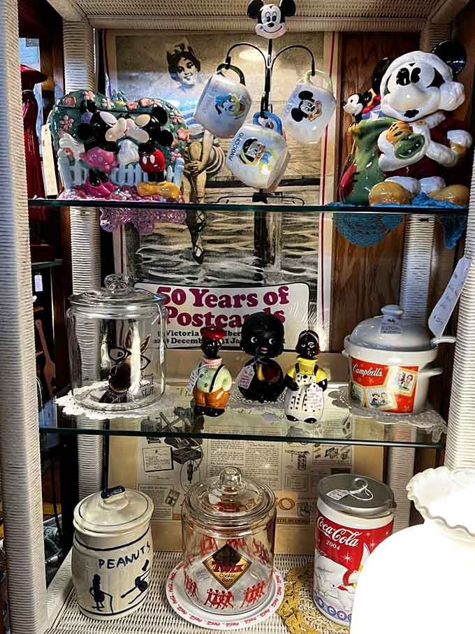Mickey Mouse memorabilia and vintage collectibles create a nostalgic display that spans generations of American pop culture history.
