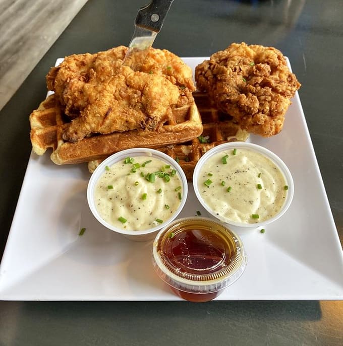 Crispy fried chicken meets golden waffles with gravy on the side, the ultimate sweet-and-savory power couple.